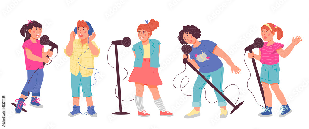 Children singing with microphones, standing in a row, flat vector ...