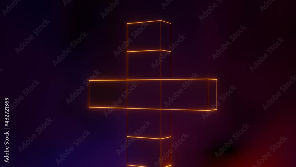 a three-dimensional cross with an orange glowing outline rotates slowly ...