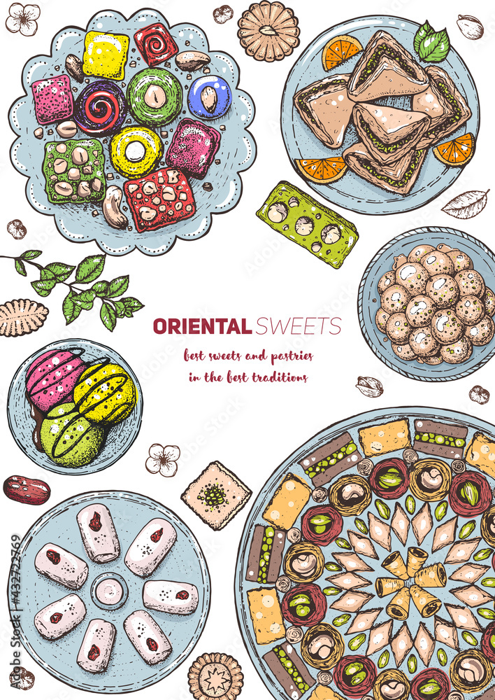 Oriental sweets vector illustration. Middle eastern food, hand drawn ...