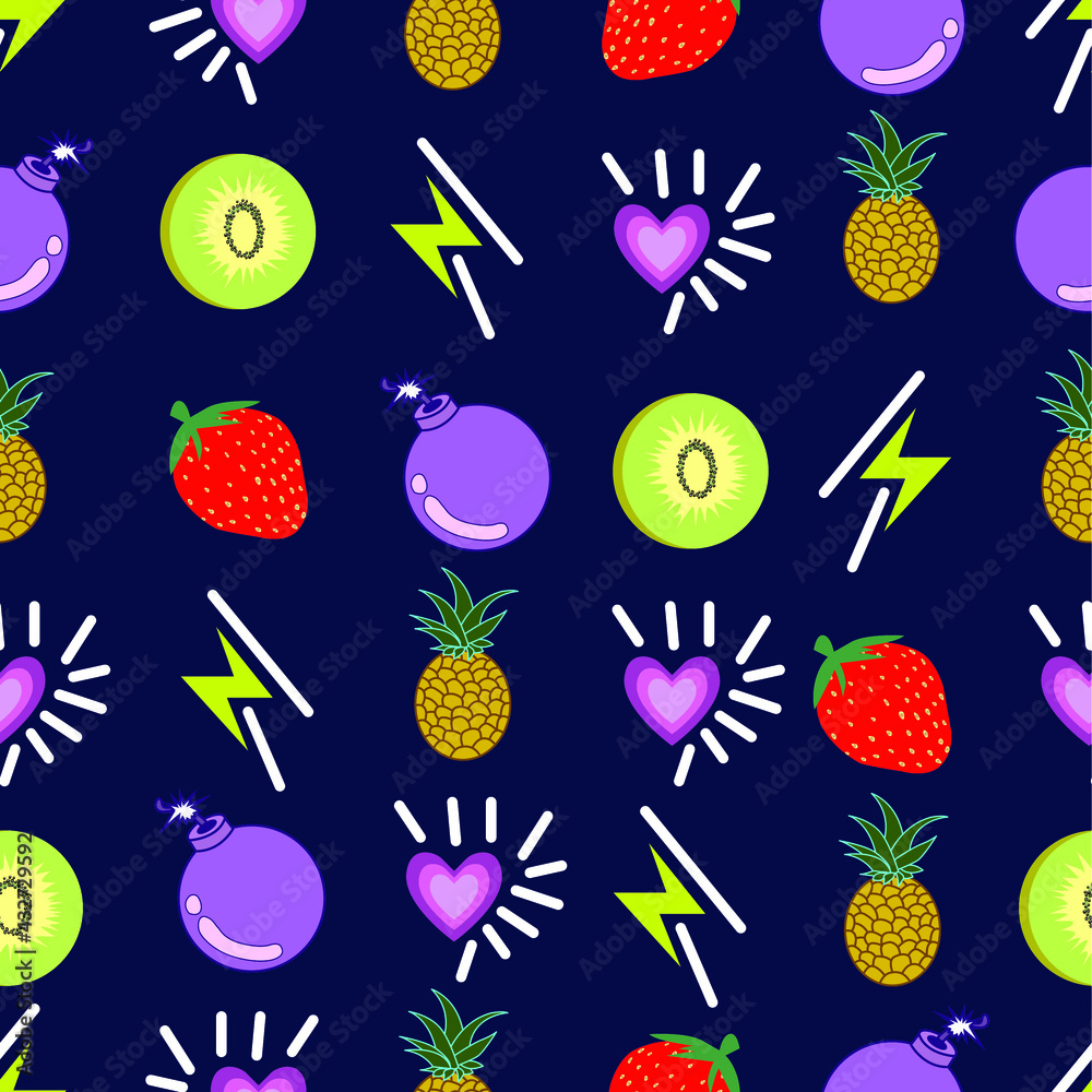 seamless pattern with the image of fruits, lightning, bombs in a ...