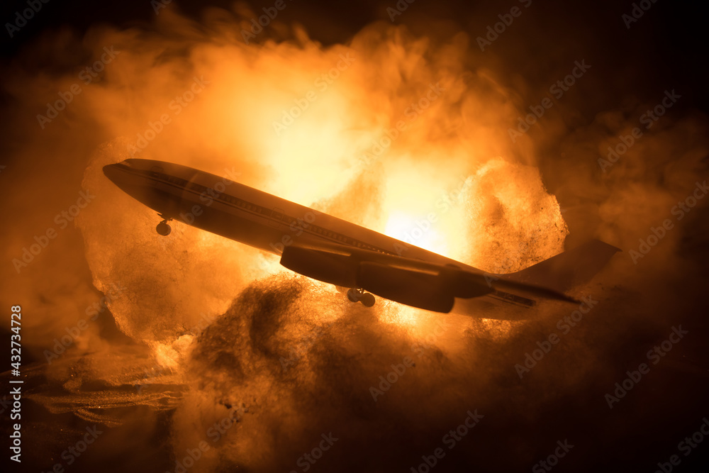 Air Crash. Burning falling plane. The plane crashed to the ground ...