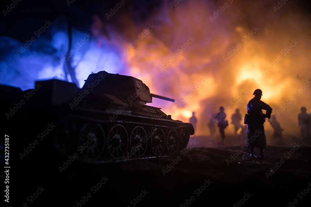 War Concept. Military silhouettes fighting scene on war fog sky ...