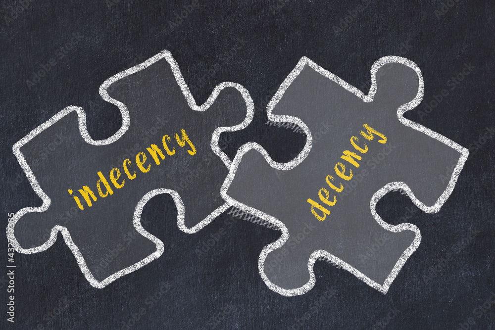 Chalk drawing of two puzzles with words indecency and decency Stock ...