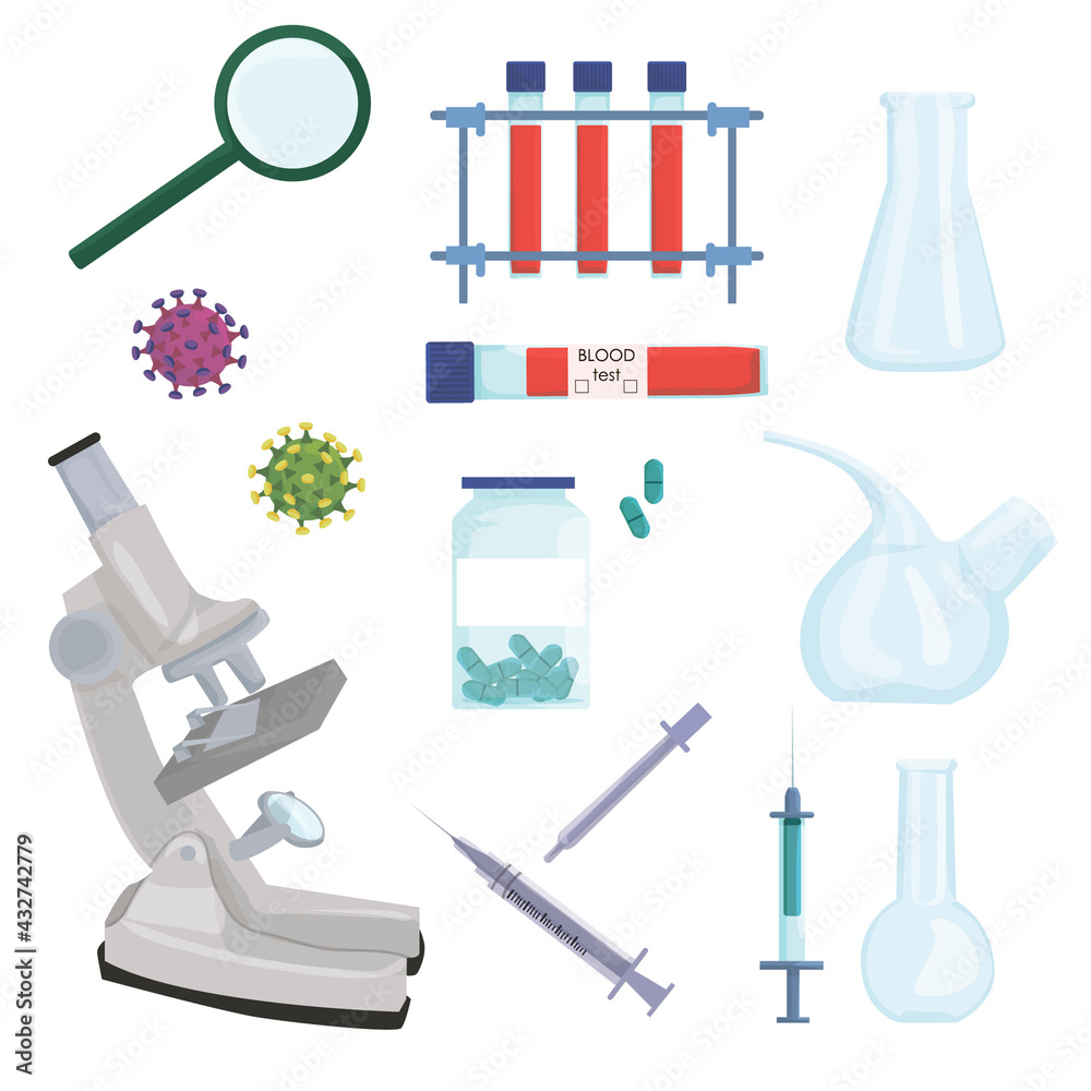 set of scientific and hospital items isolated on white background ...