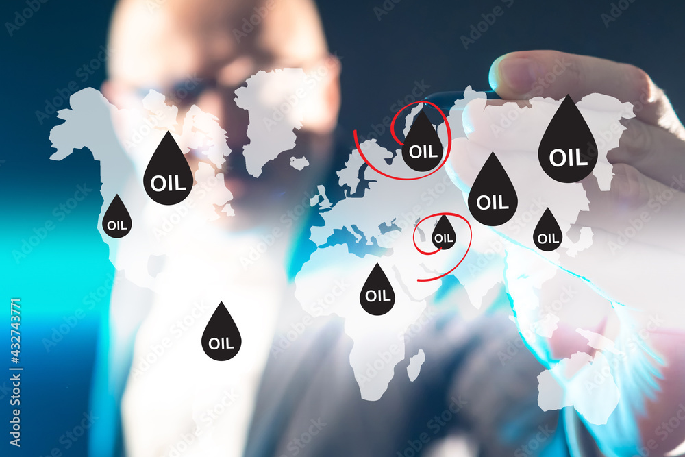 Oil map on virtual screen. Trader or businessman manages oil map ...