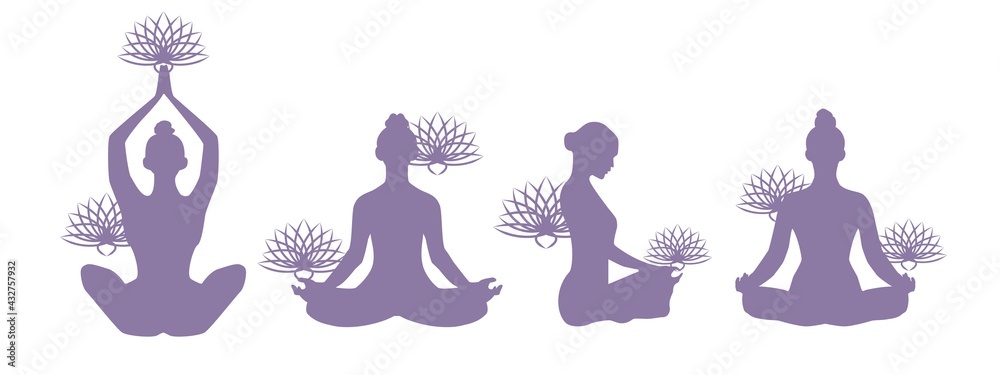 Set Of Healing Yoga Poses Women Icons Decoration With Lotus Flowers