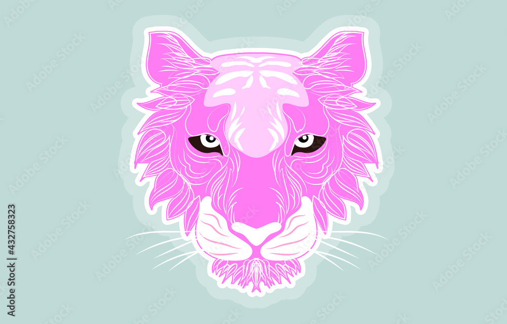 Line art of Pink tiger head on Pastel Color Gray background Stock ...