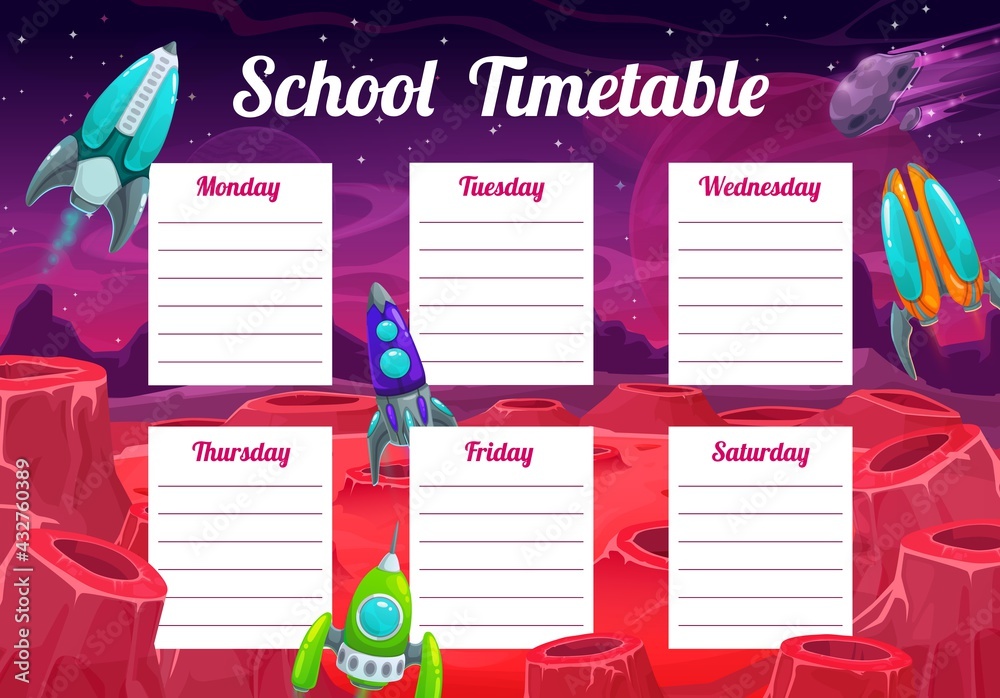 Educational school timetable vector template with ufo space ships over ...