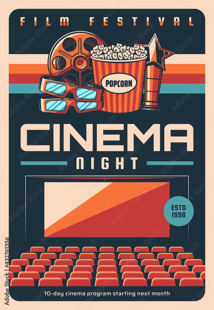 Film festival, cinema night screenings retro poster. Cinema hall movie ...