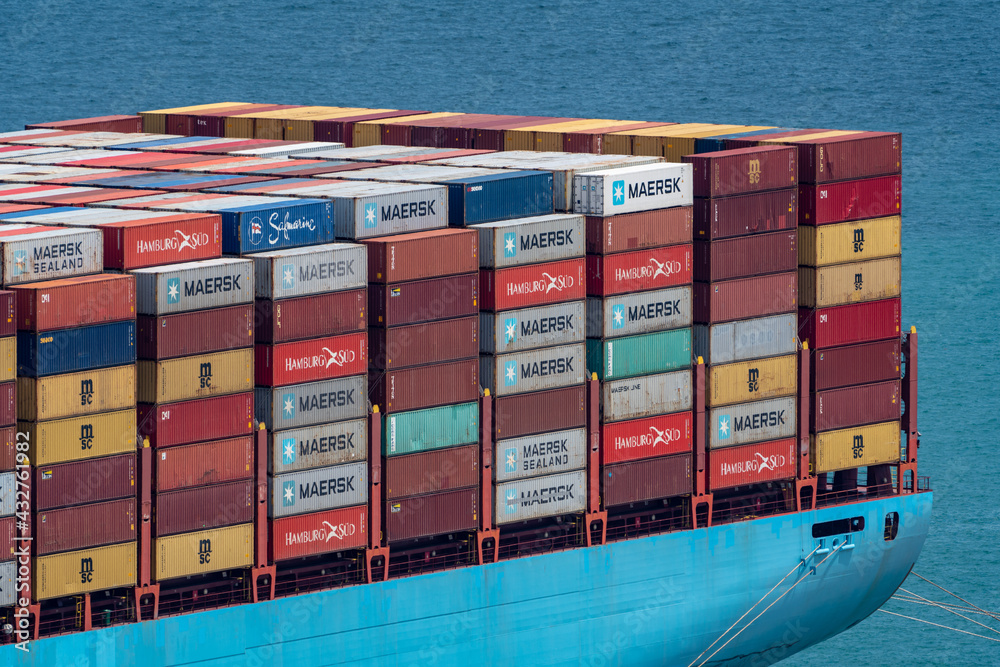Singapore - March 2020: Maersk Container Ship full of containers. Stock ...