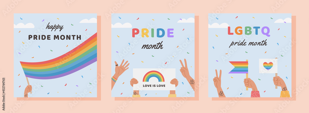 Vector Square Banner Template Set with LGBTQ symbols. Social media post ...