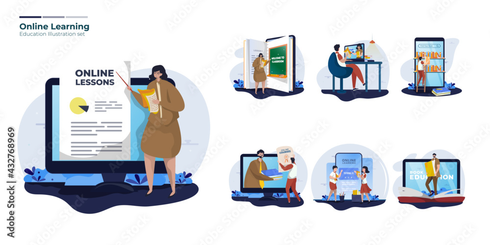 Online school learning education illustration collection set Stock ...