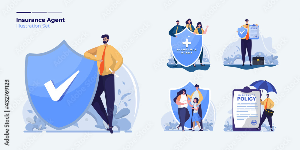 Insurance agent illustration set with family protection, agent profile ...