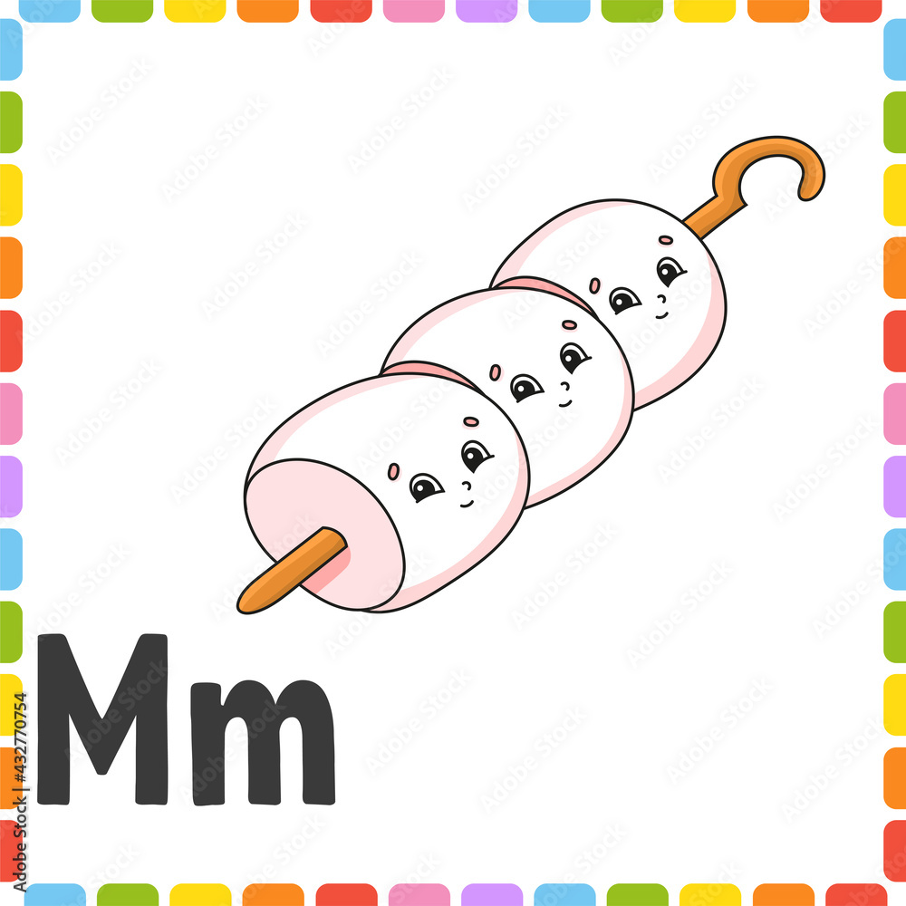 English alphabet. ABC square flash cards. Cartoon character isolated on ...