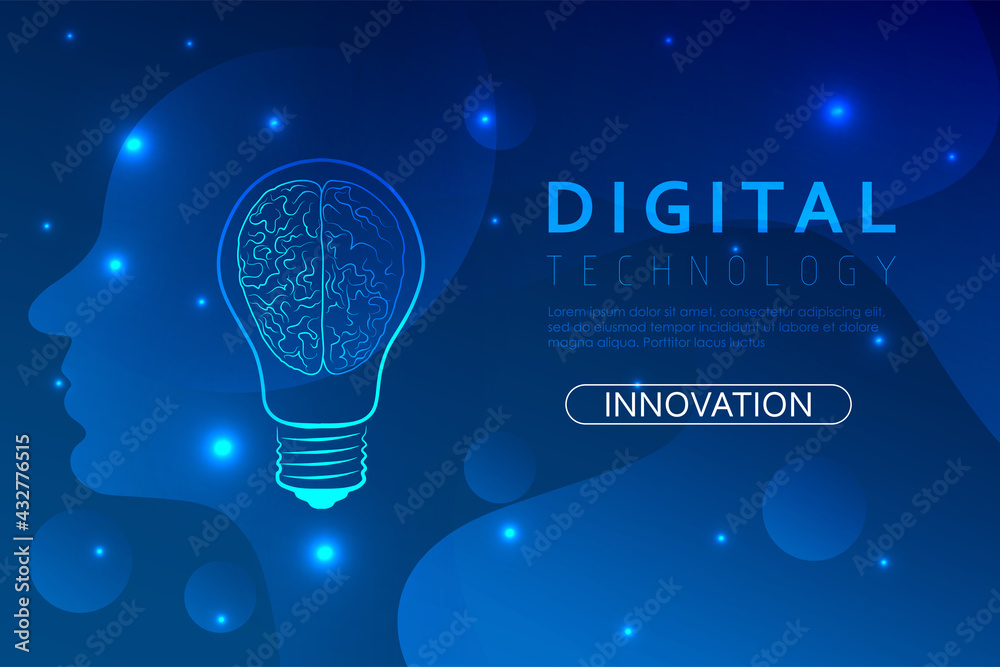 Bulb with Human brain and head on digital illustration, Future ...