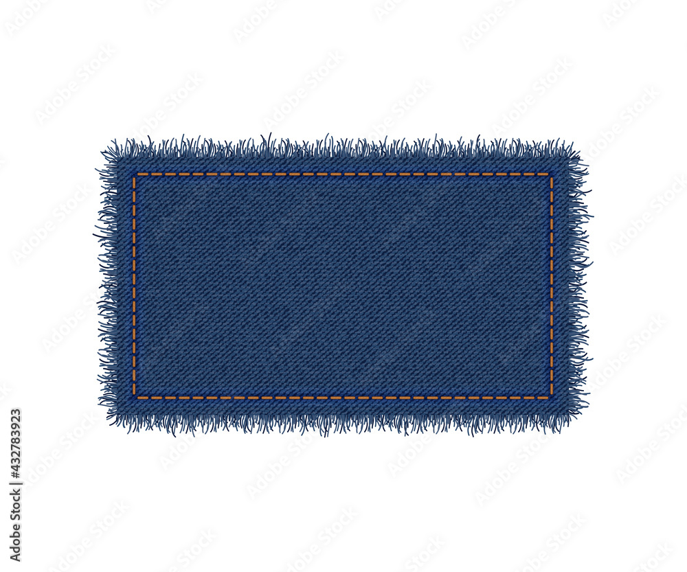 Denim rectangle shape with stitches. Torn jean patchwith seam. Vector ...