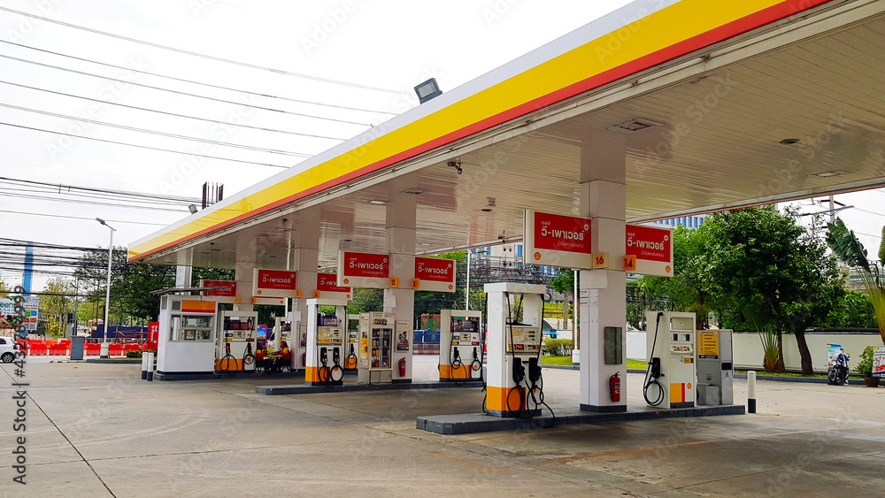 ฺBangkok, Thailand - April 28, 2021: Shell gas station with red and ...