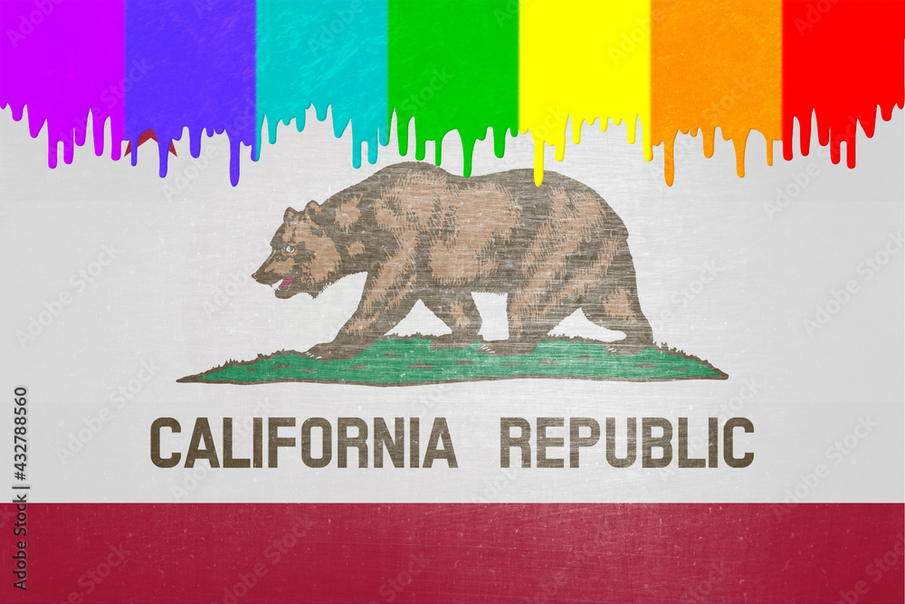 Paint (rainbow flag) is dripping over the state flag of California ...