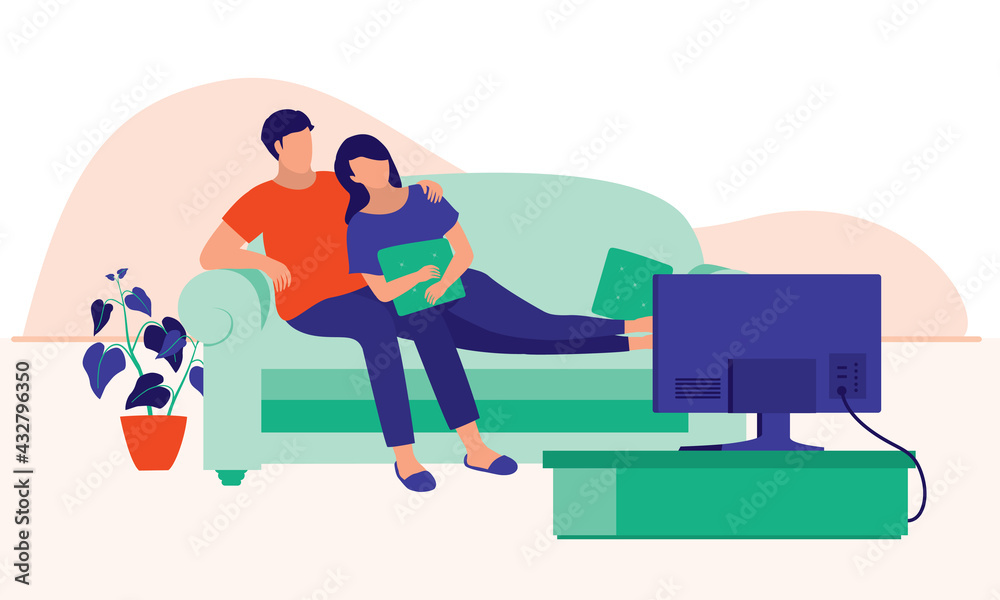 Couple Watching TV Together On Sofa. Lifestyle Concept. Vector Flat ...