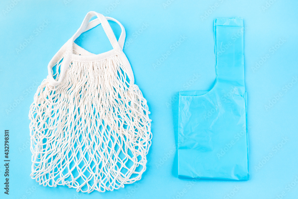 Mesh bag vs plastic bag on blue background, zero waste or plastic free ...