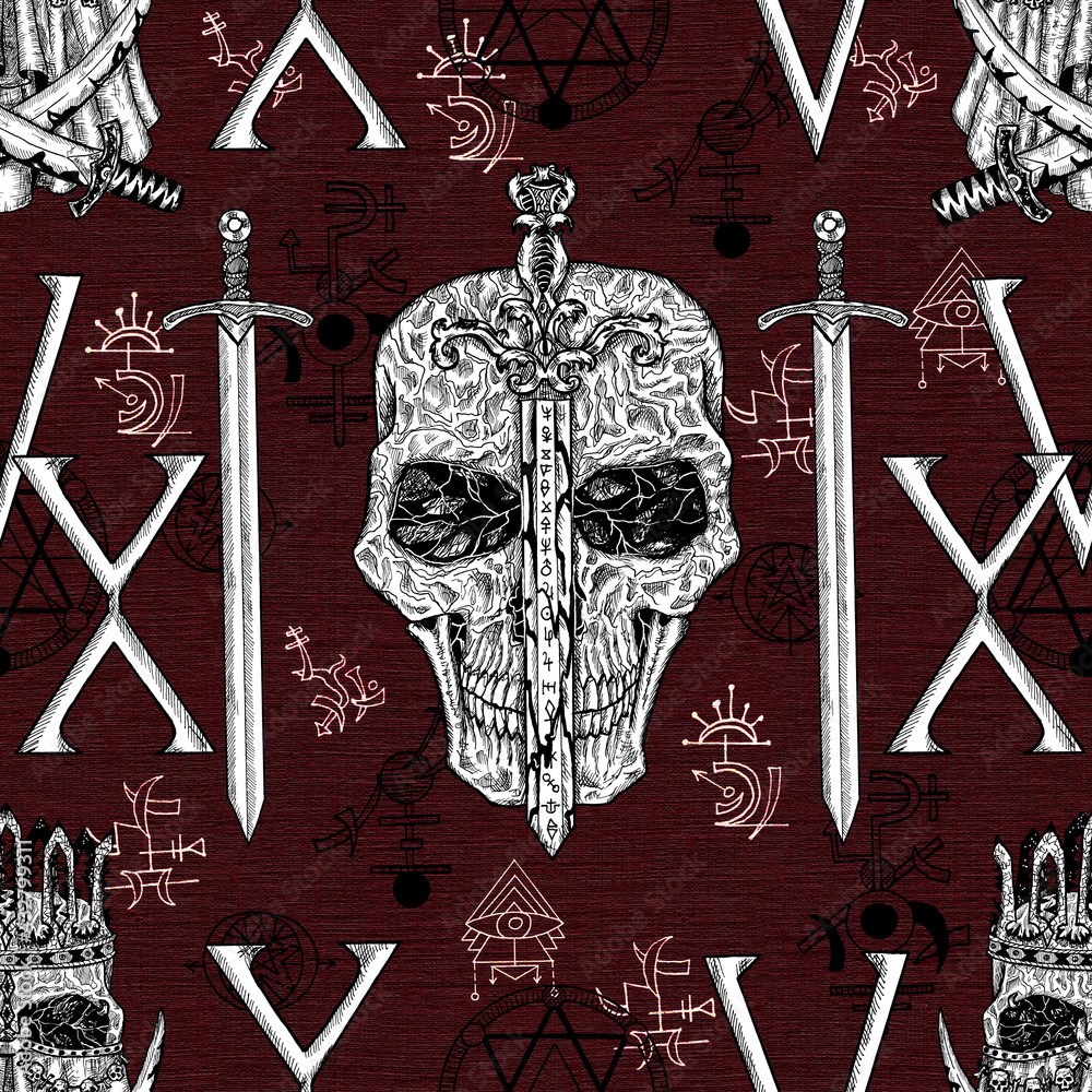 Seamless pattern with evil skull, sword, roman numerals and evil ...
