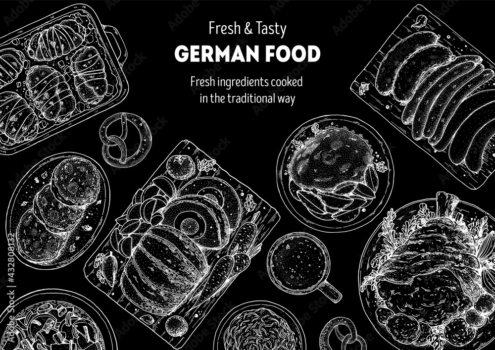 German food menu sketches. Design template. Hand drawn illustration ...