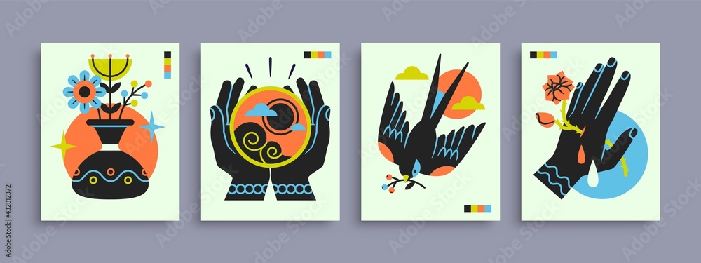 Abstract poster collection with hands, animals and abstract elements ...