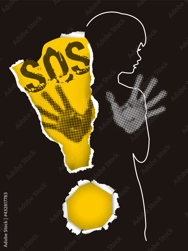 Abused litle girl, SOS violence. Stylized child silhouette with arms in ...