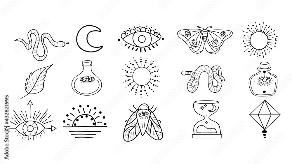 Vector witch magic design elements set. Hand drawn, doodle, sketch ...