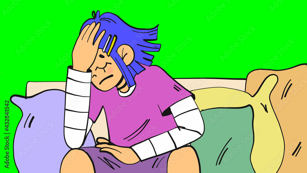 Sad depressed teenage girl sitting on a couch. Cartoon illustration ...
