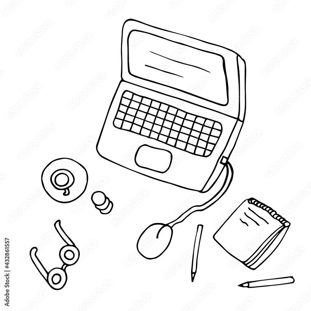 Vector illustration in bright colors of remote work at the computer ...