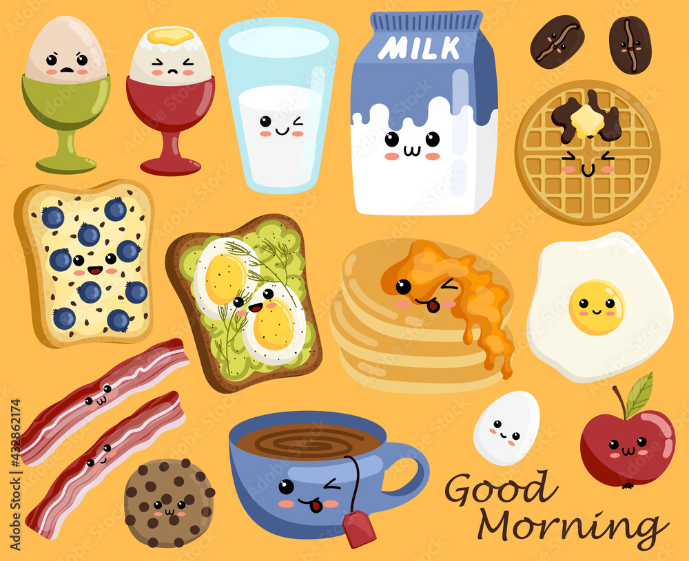 Set of cute breakfast food icons in kawaii style. Milk bottle, tea cup ... Set of cute breakfast food icons in kawaii style. Milk bottle, tea cup ...