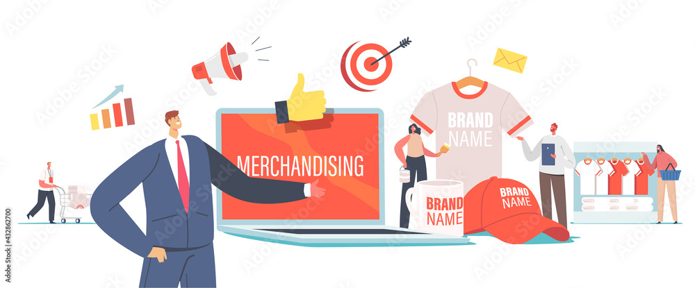 Merchandising Concept. Tiny Male and Female Characters with Huge ...