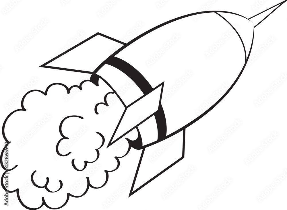 Black and white illustration of a rocket ship blasting off. Stock ...