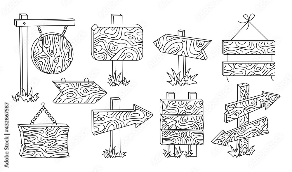 Wooden signs billboard doodle line set. Rural arrow pointer collection ...