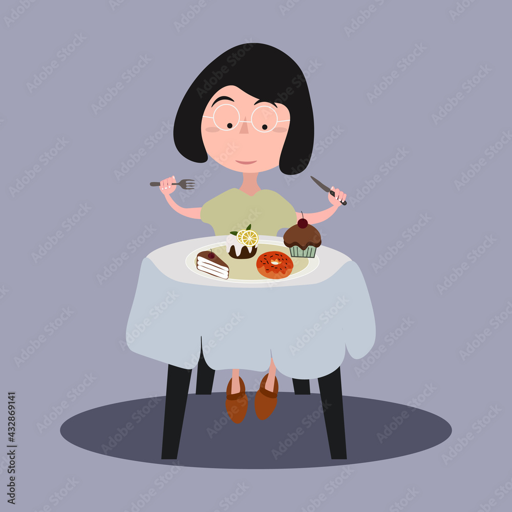 Little girl is eating dessert Vector illustration.great for ...