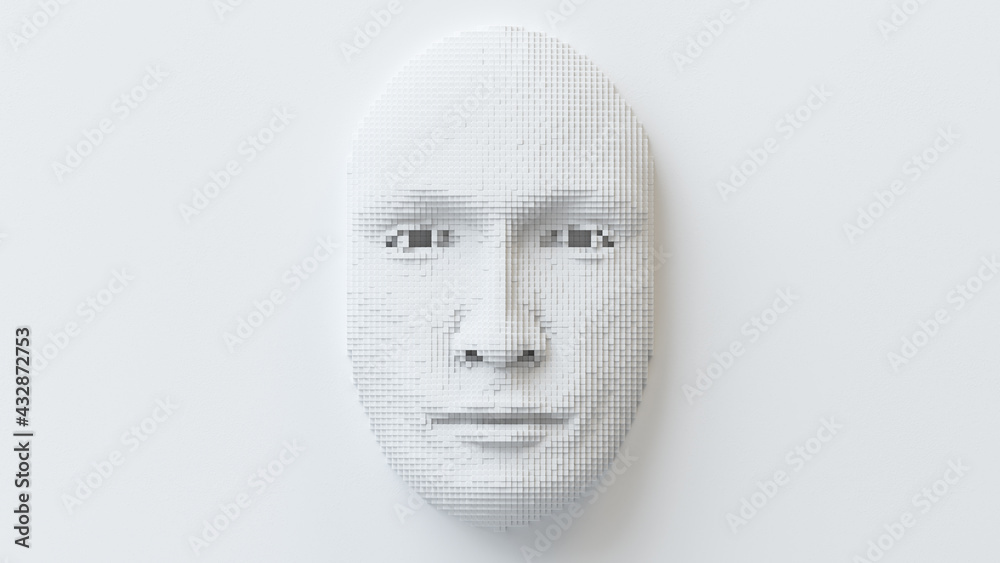 White pixelated face recognition 3D rendering illustration ilustração ...