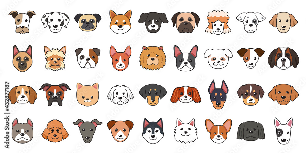Different type of vector cartoon dog faces เวกเตอร์สต็อก | Adobe Stock