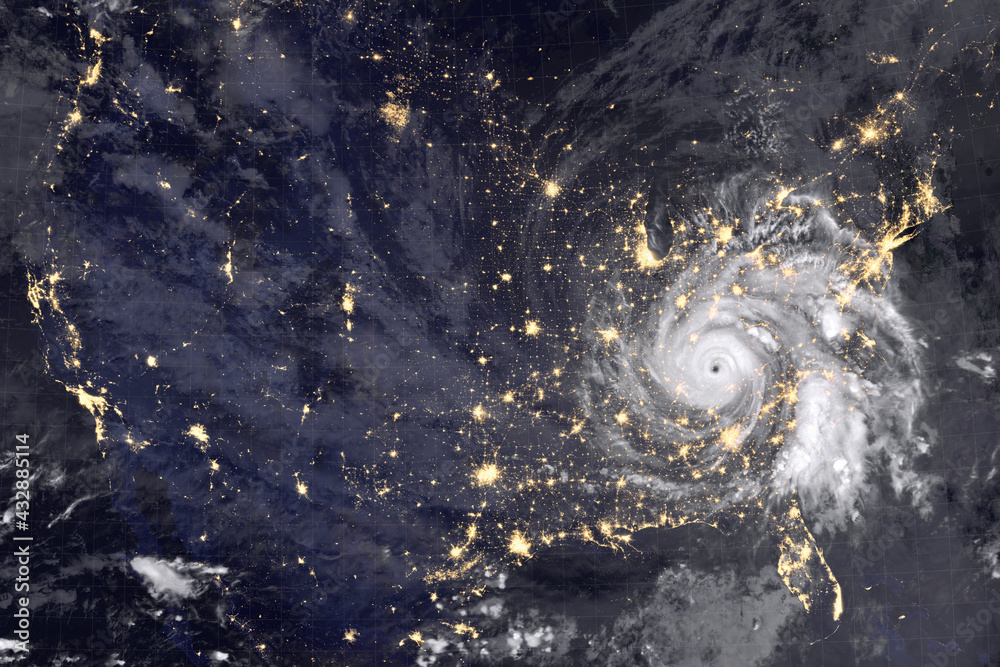 Huge hurricane over America, night photography. Lights of night cities ...