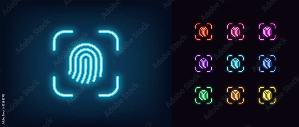 Neon fingerprint scanner icon. Glowing neon thumbprint sign, outline ...