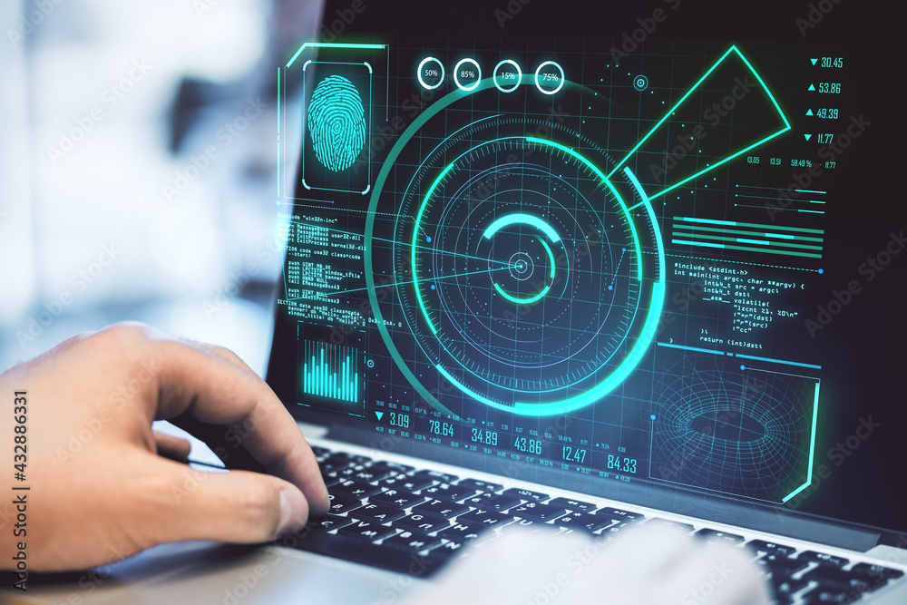 Working with stats data cocnept with man hands on laptop and virtual ...