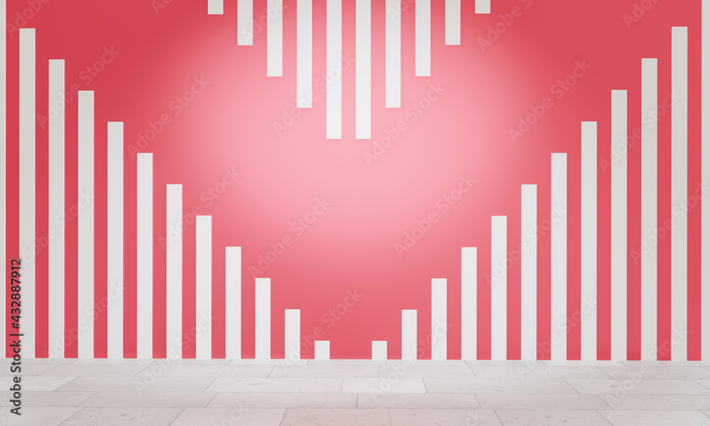 Walls in pale red or pastel pink. Slat panels in white pattern. Modern ...