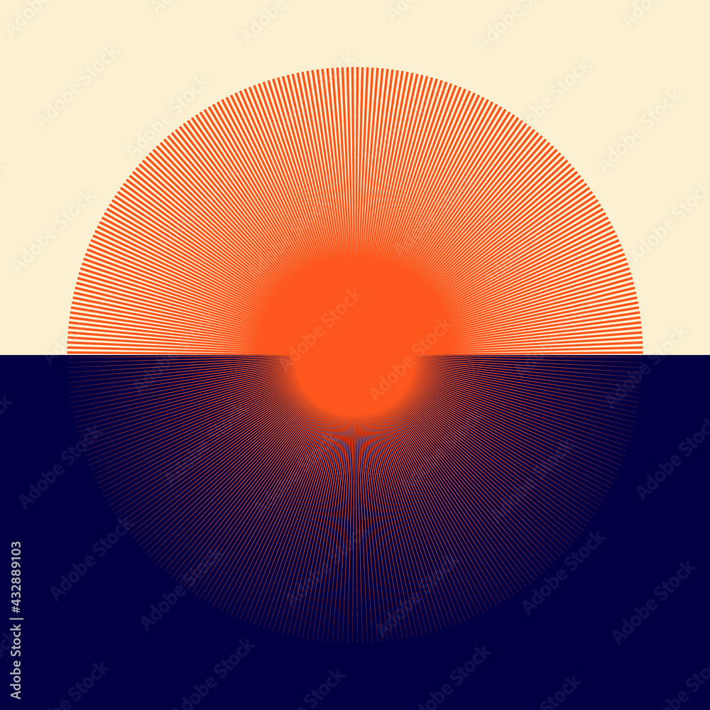Orange sun with rays over yellow and blue background. Minimal sunset ...
