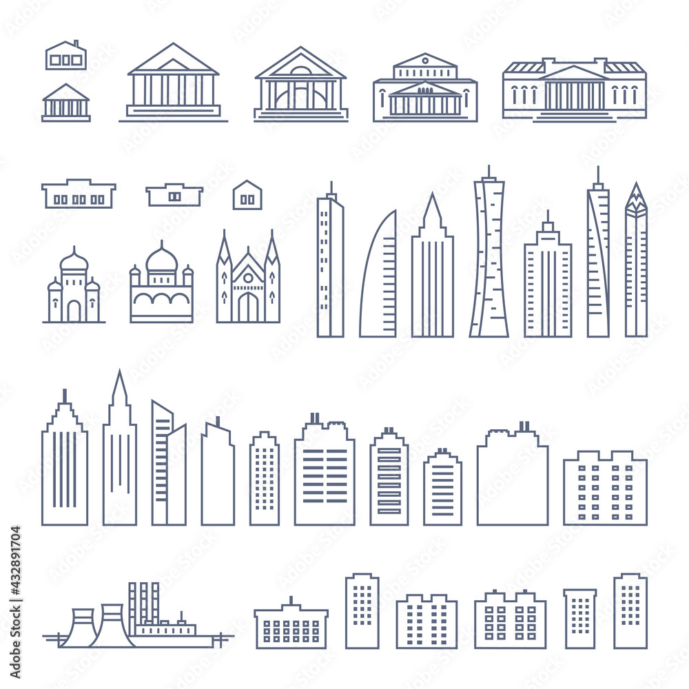 city buildings line icon set - various types of government buildings ...
