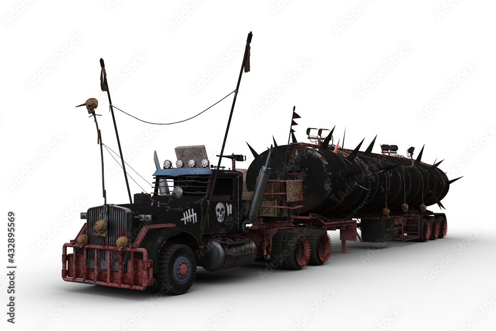 3D rendering of a huge post apocalyptic articulated truck isolated on ...