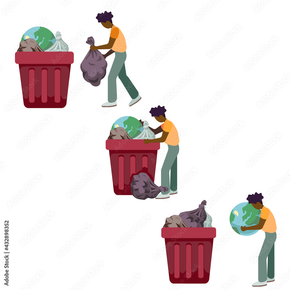 Steps of finding the Earth in garbage container by black man on white ...