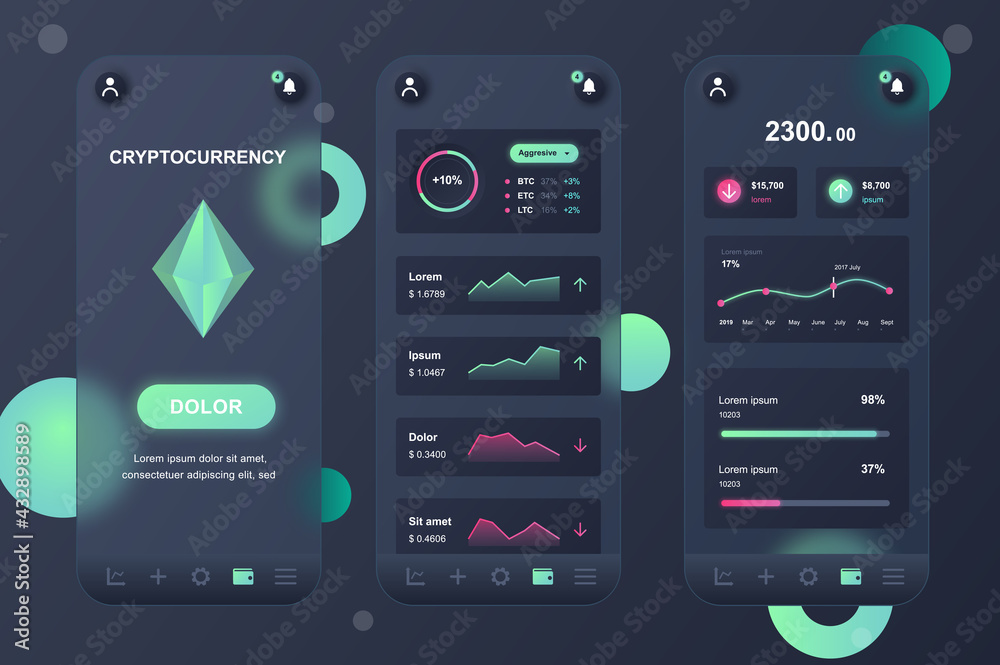Cryptocurrency neumorphic elements kit for mobile app. Online banking ...