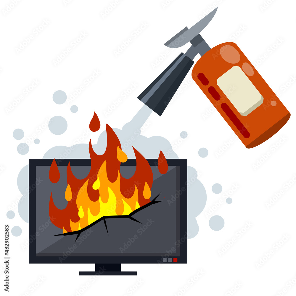 Fire fighting. The job of a firefighter. Red fire extinguisher. Danger ...