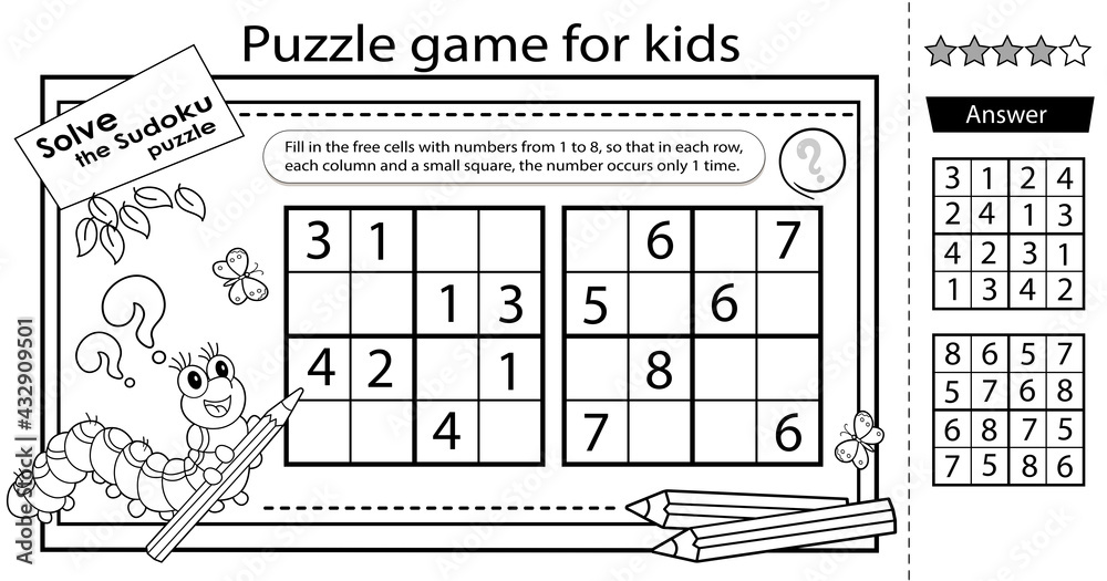 Solve the sudoku puzzle together with the fun caterpillar. Logic puzzle ...