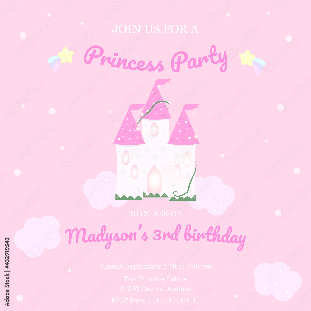 Princess birthday invitation card with castle on pink background Stock ...